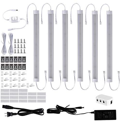 LED Under Counter Light Fixtures, 6pcs Hardwired Dimmable Cabinet Strip Lights Kit, 12 in 24V Plug in Linkable Cabinet Lights for Kitchen, Closet, Showcase, Bar, Shelf Lighting(Day White,6000K)