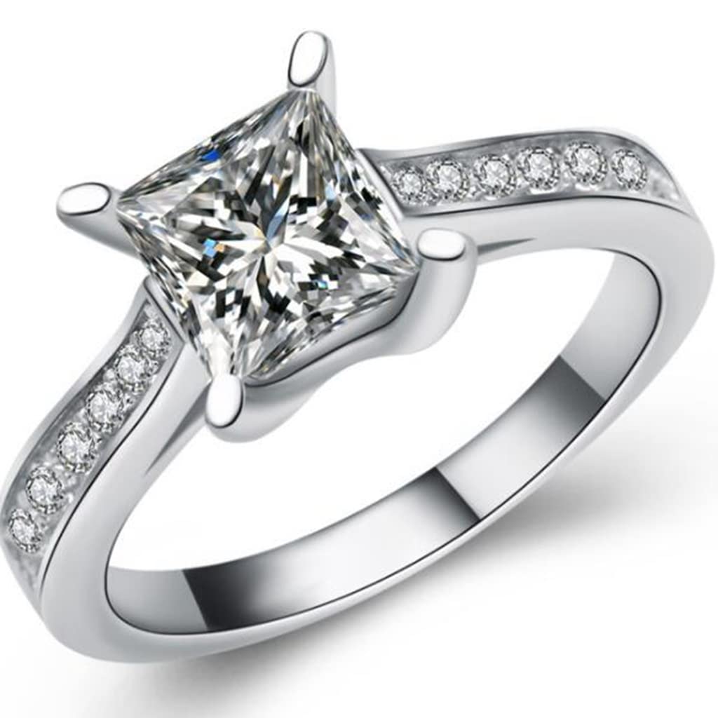 Jude Jewelers Stainless Steel 4 Carat Princess Cut Wedding Engagement Halo Bridal Proposal Ring (Silver, 9)