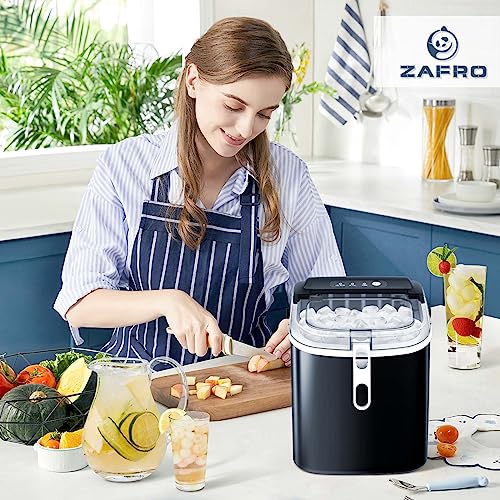 ZAFRO Countertop Portablewith Ice Maker Machine Handle, Mackes up to 26LBS/24H, 9 Cubes in 6 mins,Self -Cleaning Ice Maker with Ice Scoop and Ice Bag(Black)