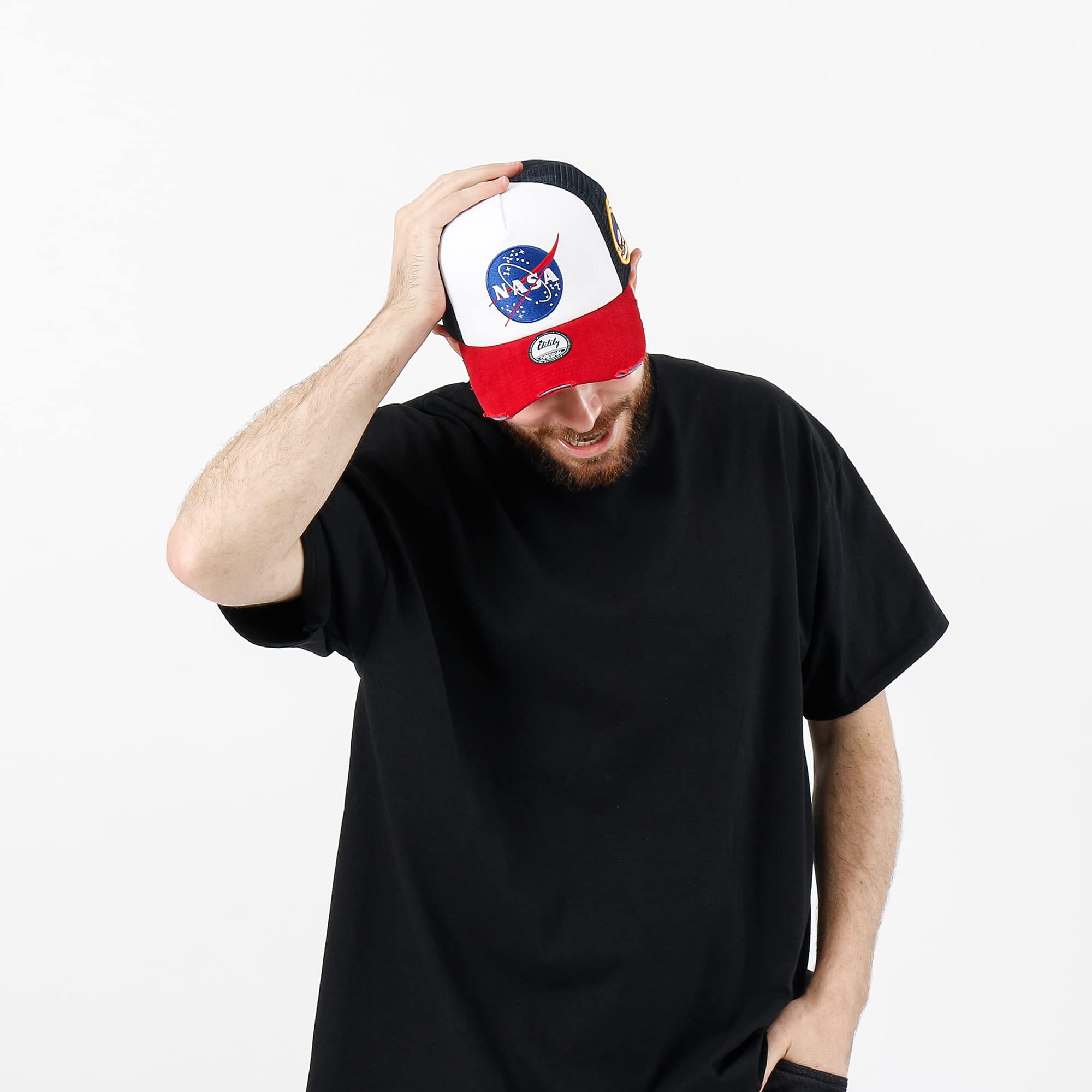 ililily NASA Meatball Logo Embroidery Baseball Cap Apollo 1 Patch Trucker Hat, Red & White
