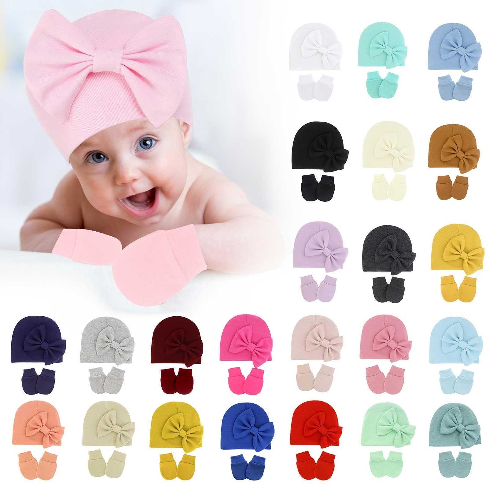 Infant Hat and Gloves Set Soft Newborn Hats for Girls Knit Baby Hat with Bow No Scratch Mittens 0 3 Months (Navy, A)
