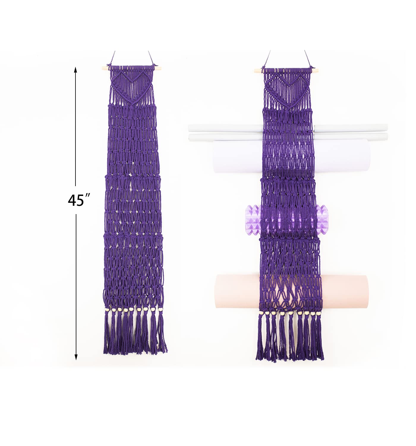 Macrame Yoga Mat Holder Wall Mount Yoga Mat Foam Roller Wall Hanging Rack for Yoga Mat Storage Organizer with 3 Sizes Easy Access Pocket Boho Gym Home Decor-Purple (Dark Purple)