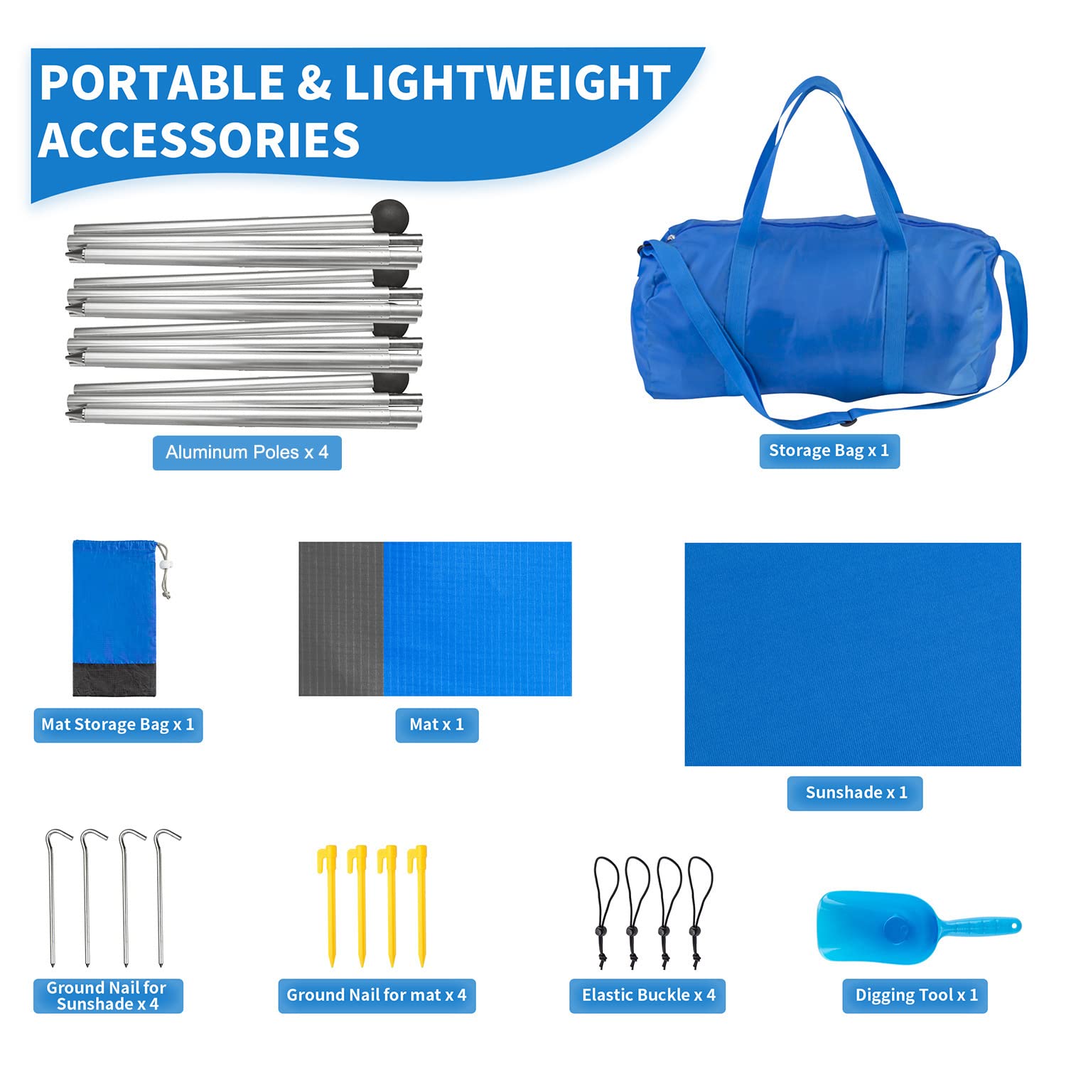 LeMuna Beach Tent Canopy Pop Up Sun Shade UPF50+, Lightweight Outdoor Shade with Sand Shovel, Ground Pegs and Stability Poles, Portable Set for Family Fun Trips (Blue, 10×10 FT 2 Pole)