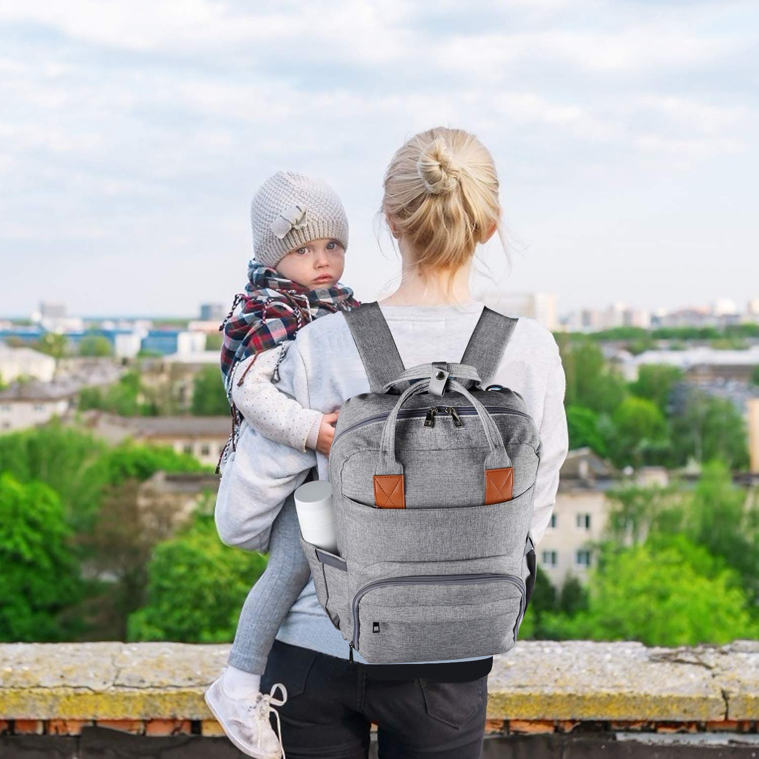 Iduola Land Diaper Bag Backpack Large Capacity Waterproof Baby Travel Bag for Dad Mom Light Grey