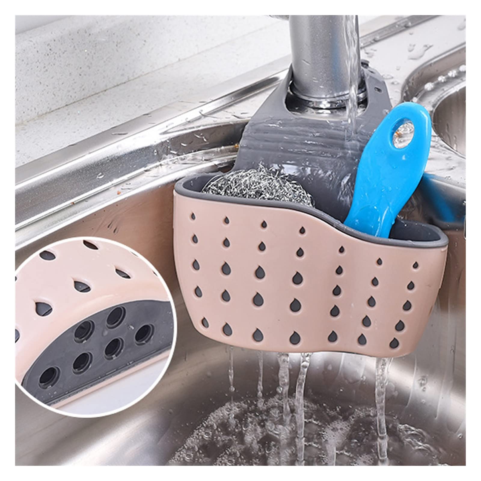 Kitchen Sink Holder Hanging Drain Basket Adjustable Soap Sponge Shelf Organizer Bathroom Faucet Holder Rack Kitchen Accessories Pot Rack Wall Mounted Hook Closet (Color : Beige1)