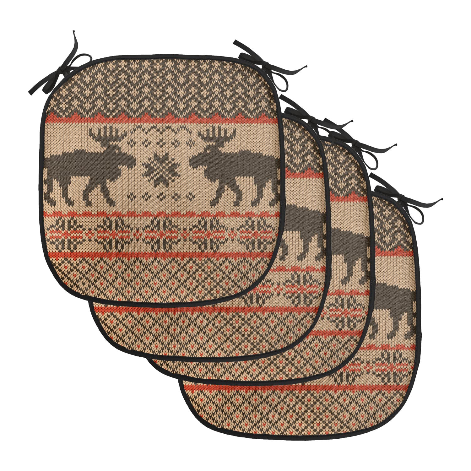 Lunarable Cabin Chair Cushion Pads Set of 4, Knitted Swatch Deers and Snowflakes Classical Country Plaid Digital, Anti-Slip Seat Padding for Kitchen & Patio, 16"x16", Brown Vermilion Ivory