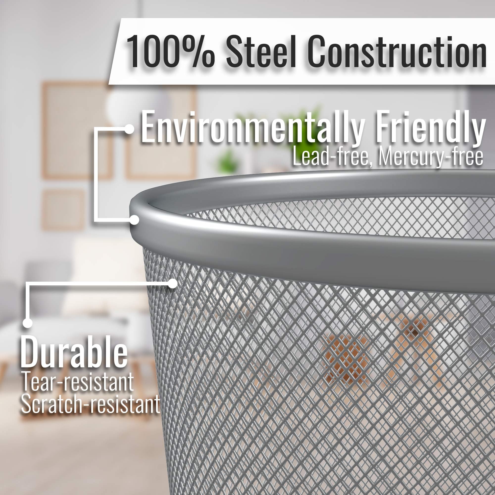 Zuvo Circular Mesh Waste Paper Bin | Lightweight Waste Basket Garbage Can | Metal Trash Bin Ideal for Kitchen Home Office Bin Dorm Room Living Room Desk Bedroom. (1 Silver) (27 X 24 cm)