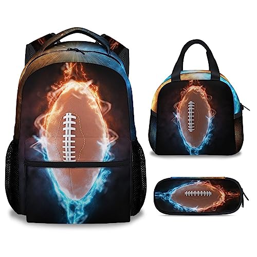 XaocNyx Football Backpack with Lunch Box and Pencil Case Set, 3 in 1 Matching Boys Black Backpacks Combo, Cool Bookbag and Pencil Case Bundle