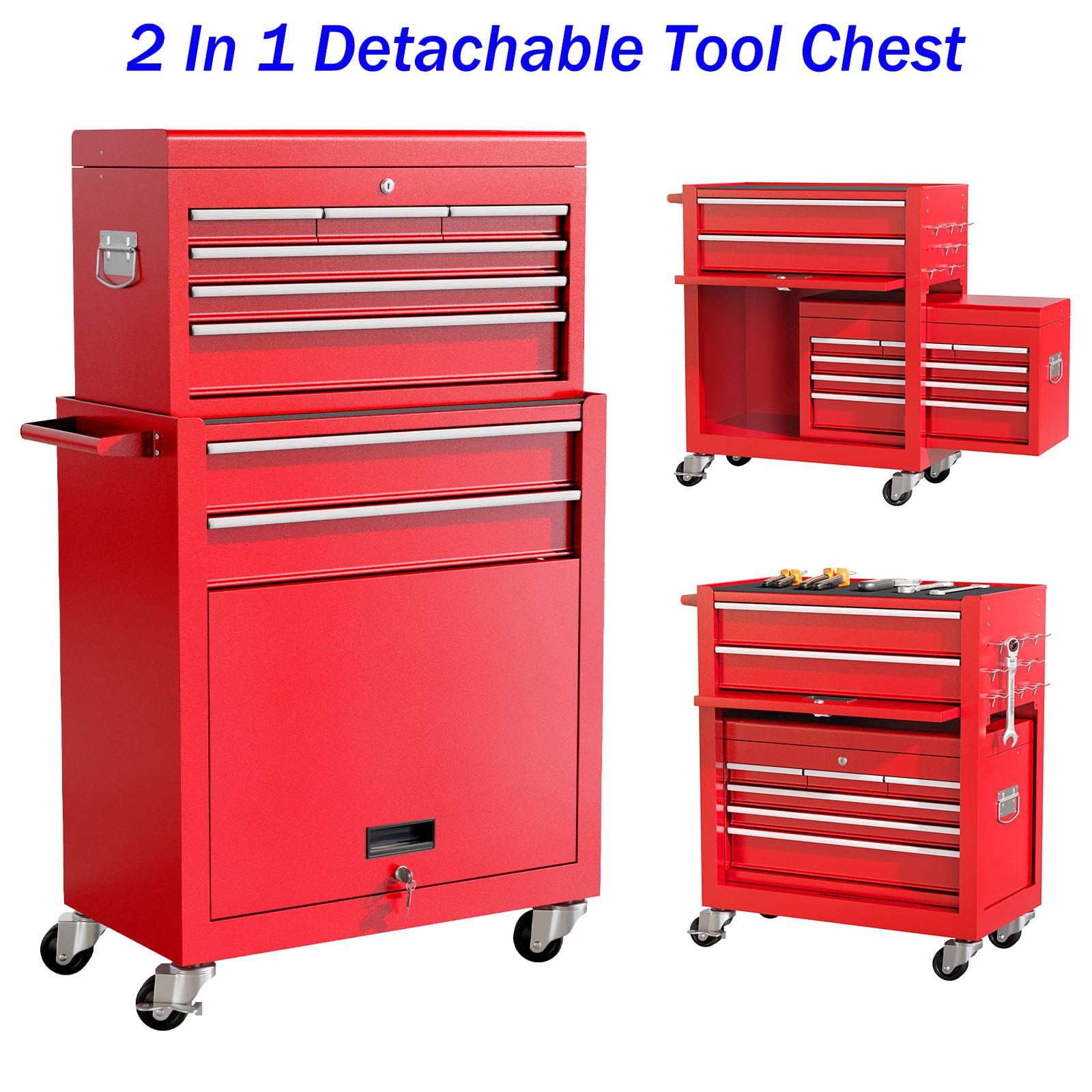 K KELBEL 8 Drawer Rolling Tool Chest Tool Box with Wheels, 2-in-1 Detachable Tool Cabinet with Sliding Drawers & Brake & Locking System for Garage, Warehouse(Red)