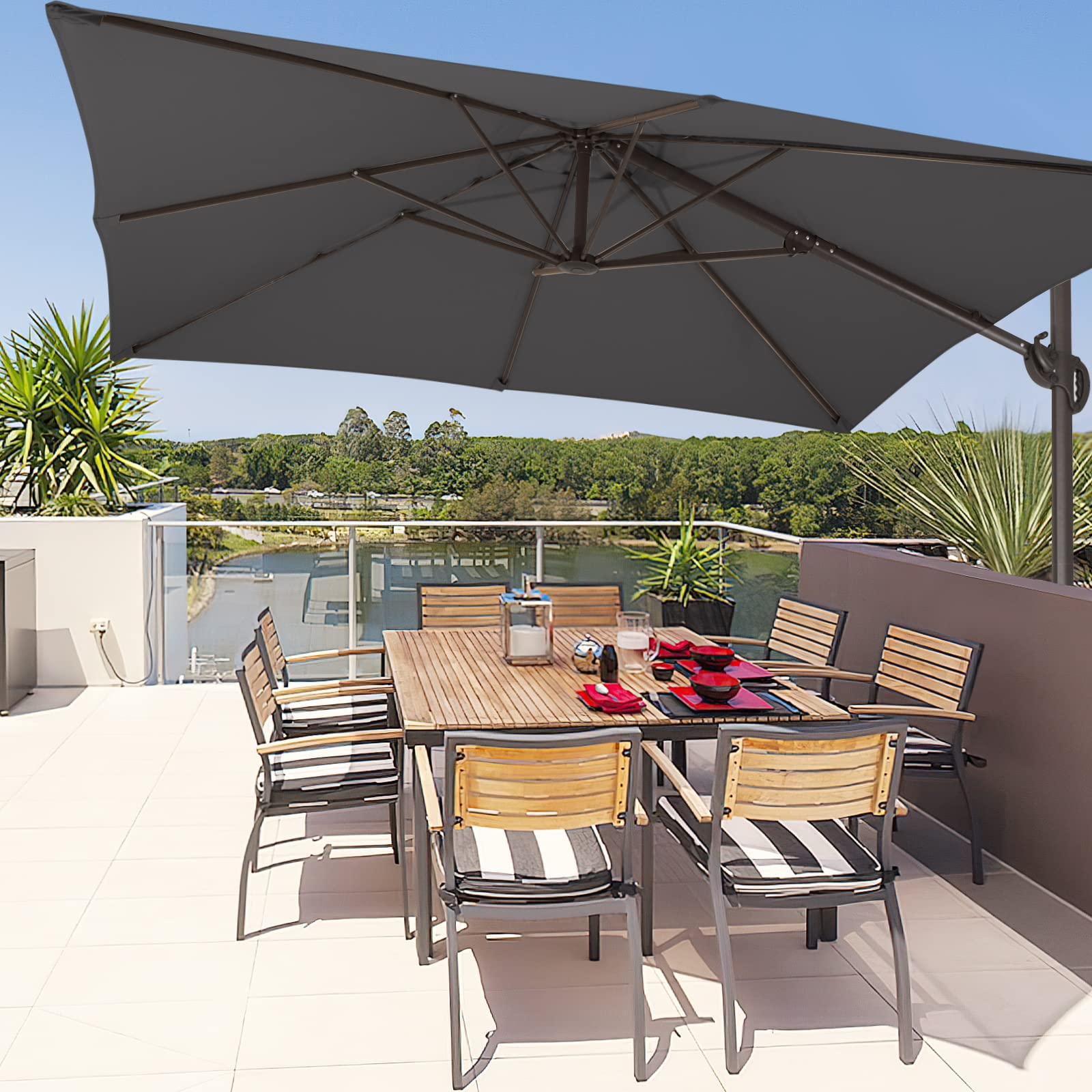 JEAREY 8.2FTx8.2FT Square Cantilever Patio Umbrella Roating Outdoor Offset Umbrella Heavy Duty Sun Umbrella, Grey
