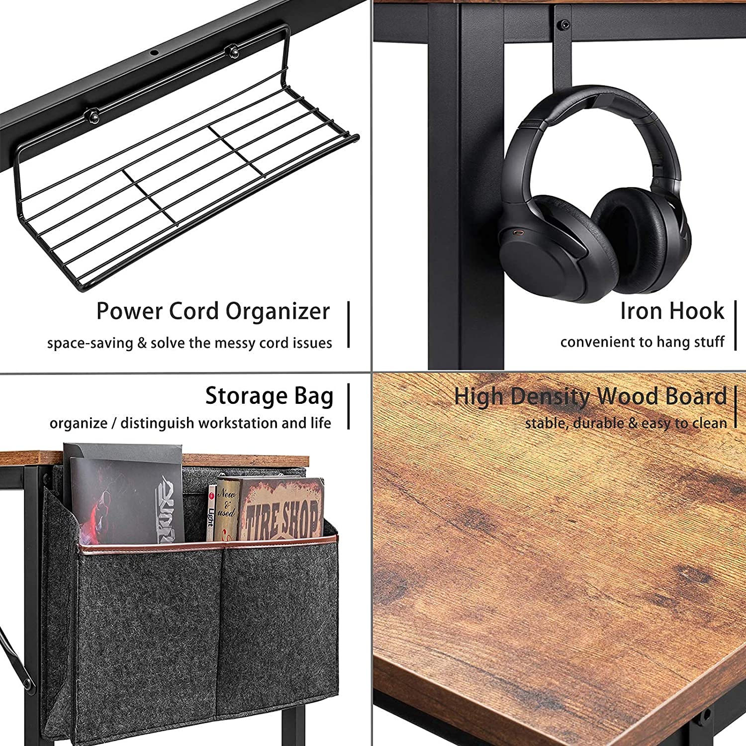 KIKIBRO Computer Desk, 39.4" Study Writing Table with Headphone Hook Storage Bag for Home Office Students, Industrial Simple Style PC Desk, Black Metal Frame, Rustic