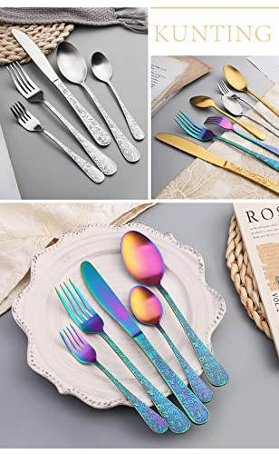 IKXO 35 Piece Silverware Set,Stainless Steel Silverware Set for 7,Modern Sleek Flatware Set, Include Knife/Fork/Spoon & Long Teaspoon/Salad Fork Mirror-Polished & Dishwasher Safe Cutlery colorful