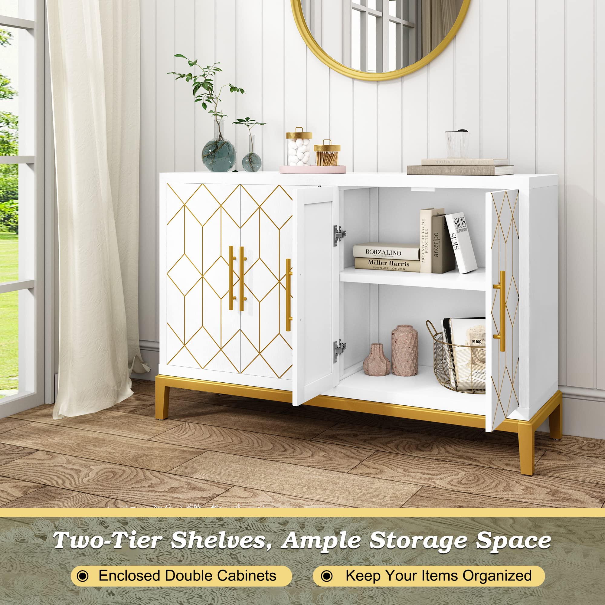 HLR Accent Cabinet with 4 Doors and Shelves, Sideboard Buffet Cabinet with Gold Lines, Modern Credenza Storage Decorative Cabinet for Living Room, Entryway, Kitchen, Dining Room, White