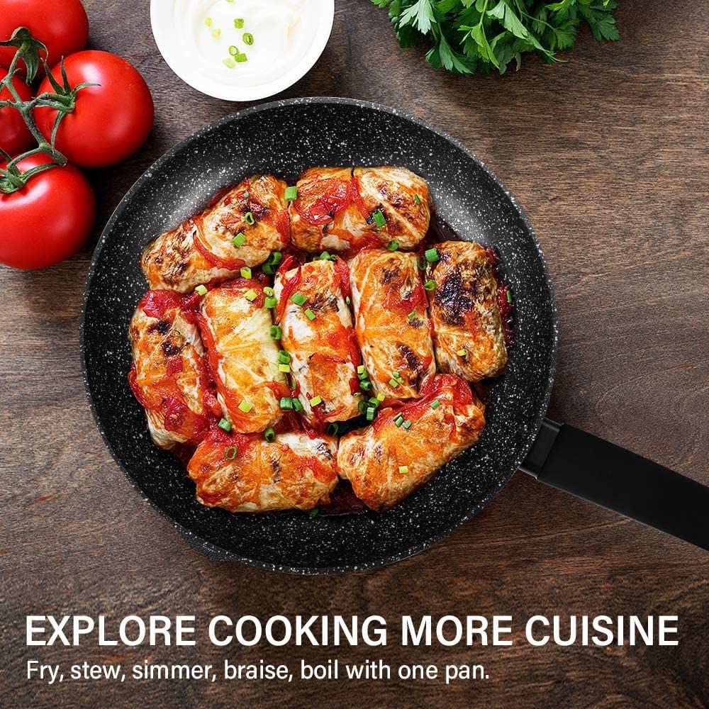 KOCH SYSTEME CS 8''+11'' Nonstick Aluminum Frying Pan Set with Lids, Non-toxic Granite Stone Coating, Easy Cleanup, All Stoves Available, Ideal for Cooking