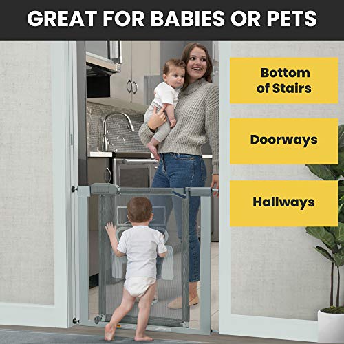 Jeep Adjustable Baby and Pet Safety Gate by Delta Children | Easy Fit | Pressure Mount | Design with WalkThrough Door โ Fits Openings Between 28.5-40 Inches Wide, Grey