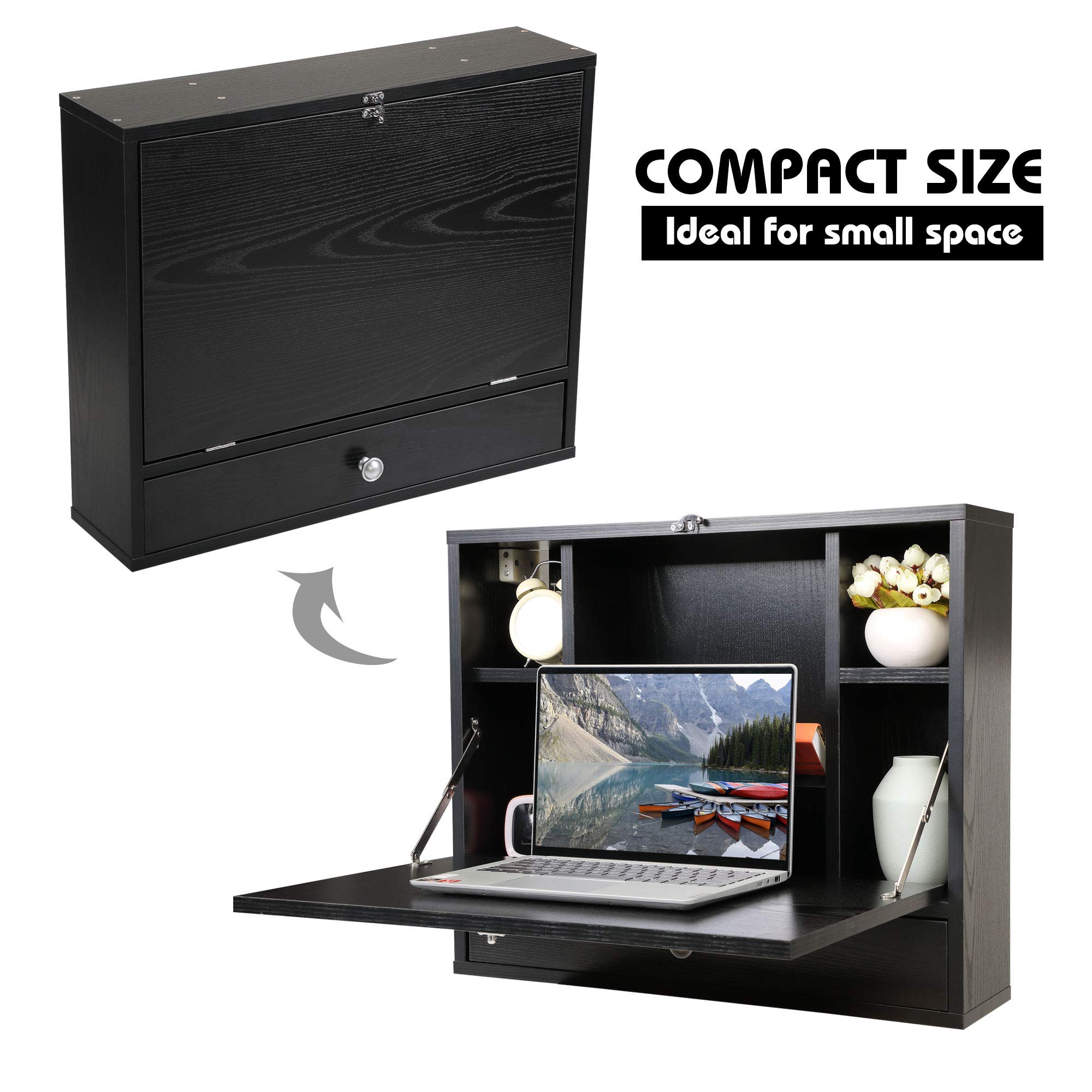 JAXPETY Wooden Wall-Mounted Space-Saving Desk, Fold Out Computer Laptop Desk with Storage Bookcase & Drawer, Convertible Writing Desk for Home Office, Black