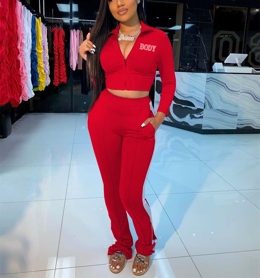 kaimimei Women's 2 Pieces Outfits Long Sleeve Zipper Jacket and Pants Set Tracksuits Red