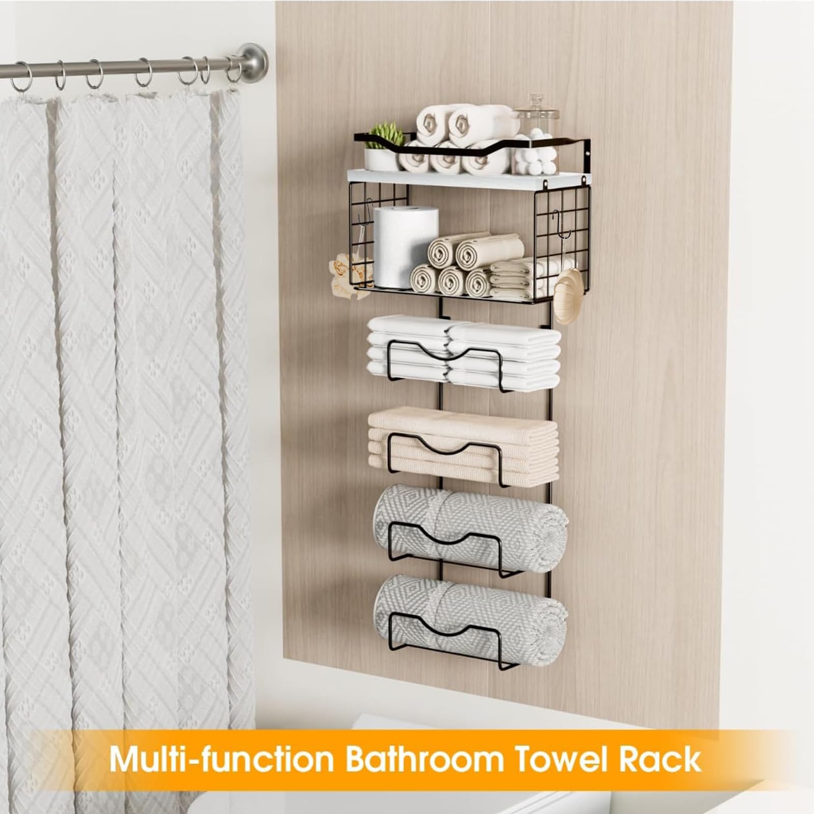 Towel Racks for Bathroom,Towel Rack Wall Mounted, 6 Tier Rolled Or Folded Towel Holder with Floating Shelves, Bathroom Towel Holder for Bath, Hand Towels,Metal,Full White