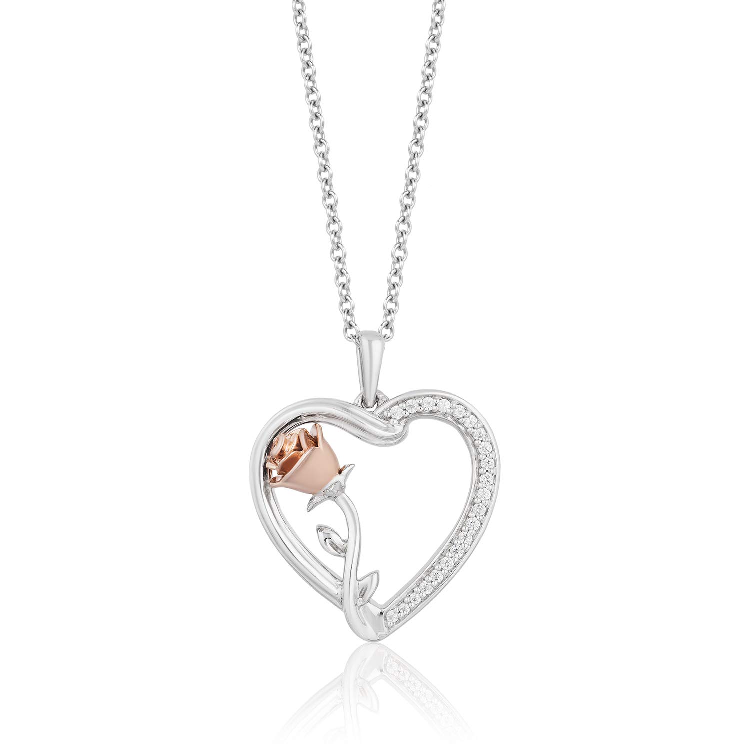 Jewelili Enchanted Disney Fine Jewelry Sterling Silver and 10K Rose Gold 1/10 Cttw Diamond Belle Rose with Heart Pendant