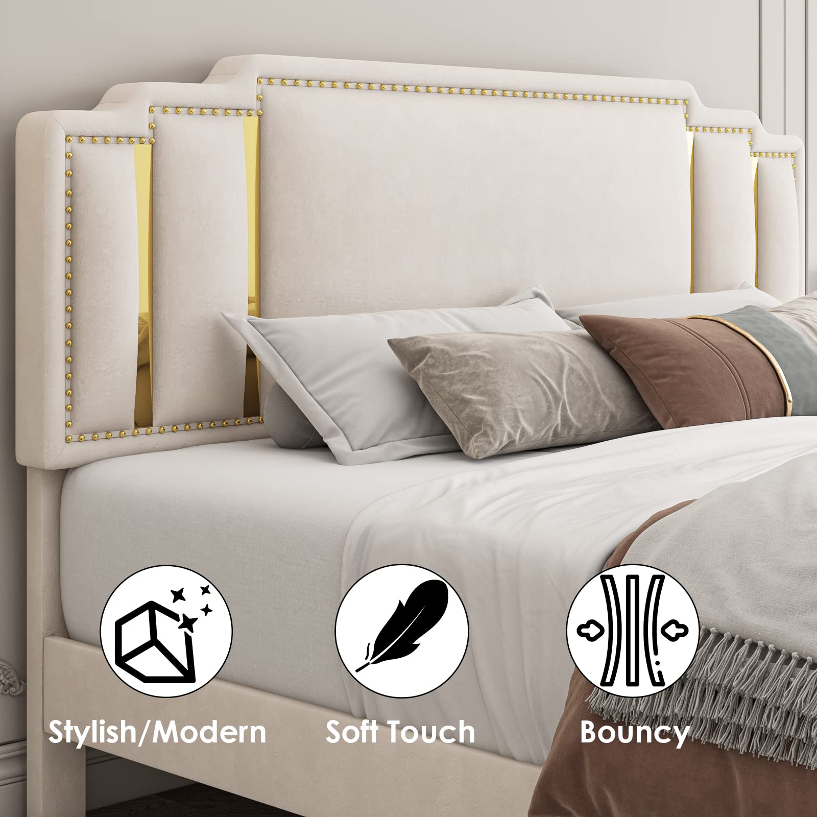 HIFIT Beige Queen Size Bed Frame and Height Adjustable Headboard, Mid-Century Modern Velvet Upholstered Platform Bed Frame with Golden Iron Slice & Nails, 43.9"-45.8" H