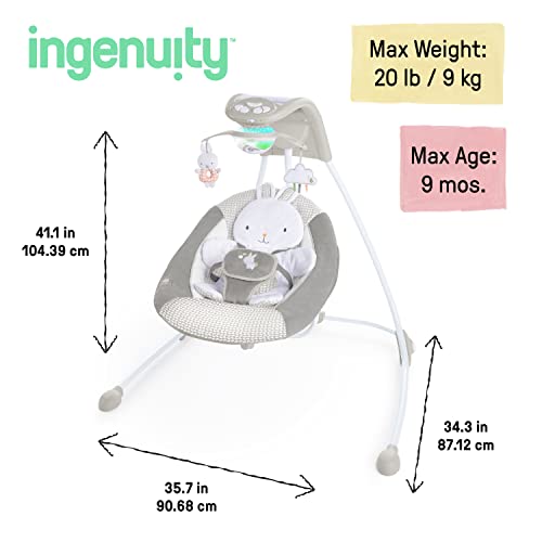 Ingenuity InLighten 6-Speed Foldable Baby Swing with Light Up Mobile, Swivel Infant Seat and Nature Sounds, 0-9 Months Up to 20 lbs (Twinkle Tails Bunny)