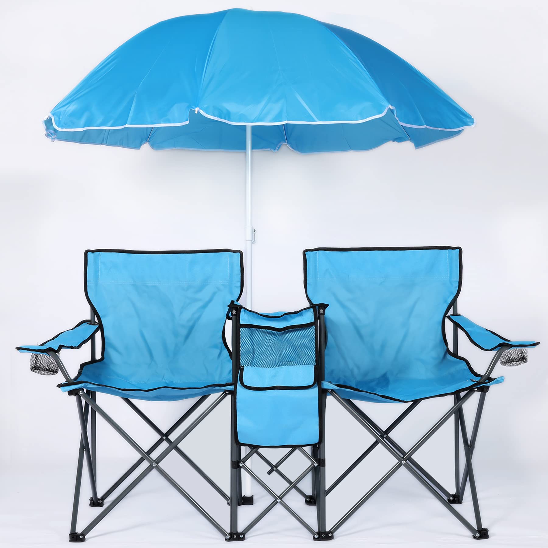 LAZZO Double Folding Camping Chairs, Portable Camping Chairs w/Removable Umbrella Mini Table Cooler Bag, Outdoor Picnic Double Folding loveseat Camp Chairs for Beach Patio Pool Park (Pineapple)