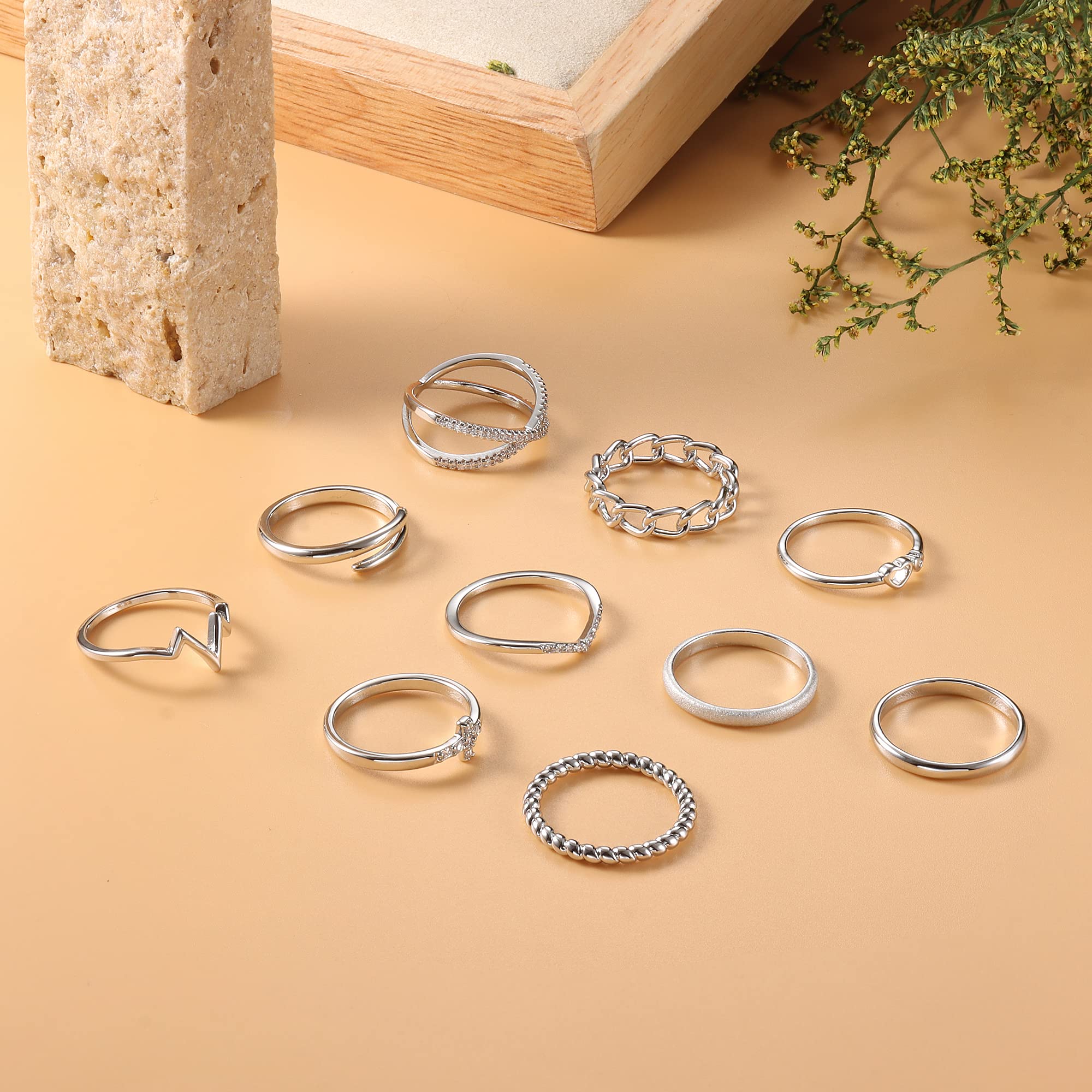 LOYALLOOK 10Pcs 14K Gold Plated Stacking Rings for Women Heart CZ Cross Stackable Knuckle Rings Set Promise Eternity Wedding Plain Rings Dainty Thumb Plain Band Midi Rings Silver Tone Size 9