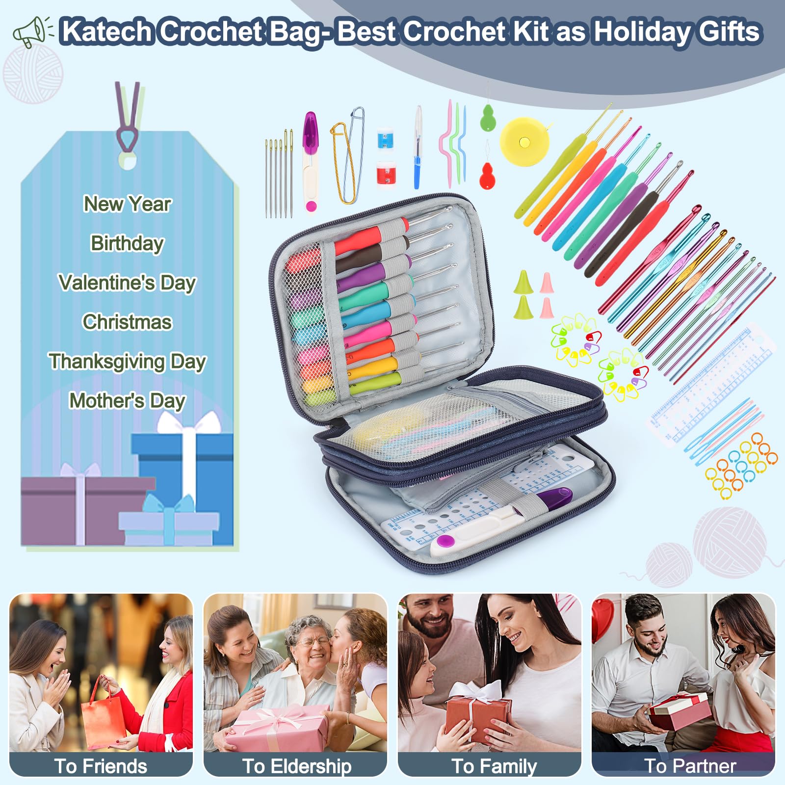 Katech Crochet Hooks with 5 pcs Random Colors Yarn Skeins for Crochet and Knitting, 95 Pieces Crochet Yarn Kits Ergonomic Crochet Needle DIY Yarn Weaving Tool for Beginners and Crochet Lovers (Pink)