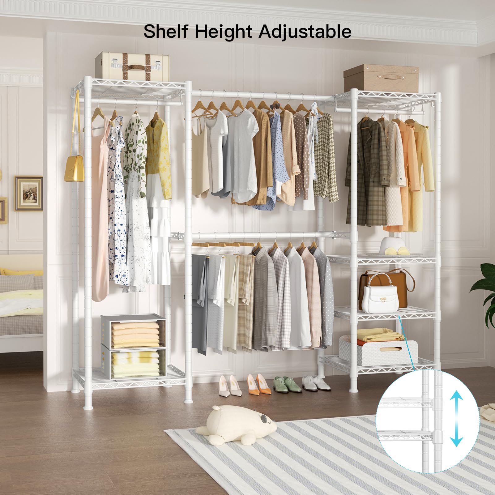 Ulif E7 Heavy Duty Garment Rack, Clothes Organizer and Storage Rack with Expandable Hangers, Metal Clothing Rack with 6 Wire Shelves, (52.3"-72") W x 14.5" D x 71.2" H, Load 740 LBS, White