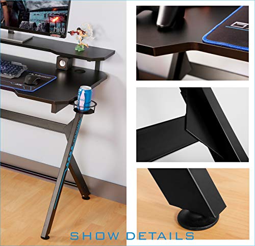 JJS 48" Home Office Gaming Computer Desk with Removable Monitor Stand, R Shaped Large Gamer Workstation PC Table with Cup Holder Headphone Hook Speaker Storage Free Mouse pad, Black
