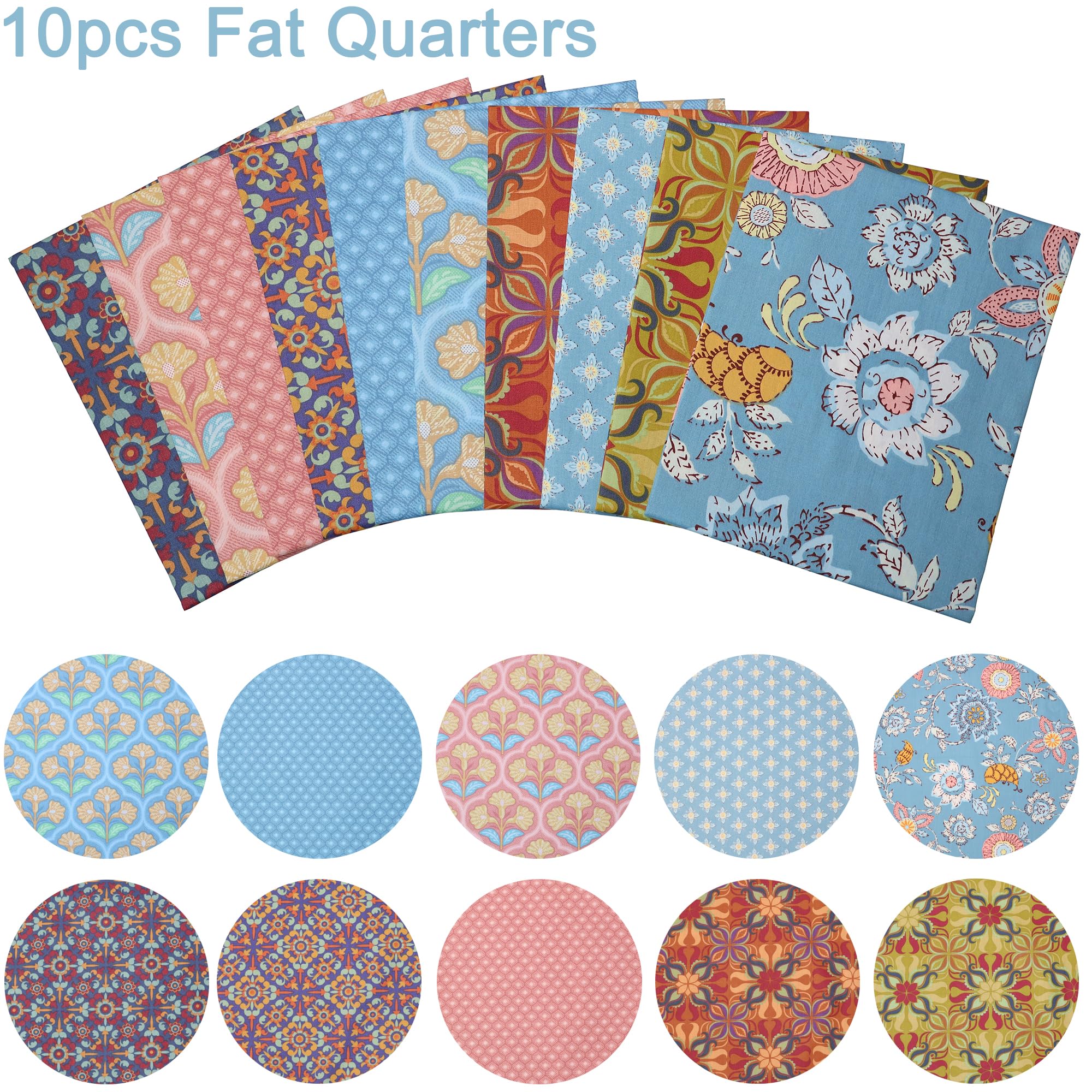 Hanjunzhao 100% Cotton Fabric Fat Quarters Bundles 18 Inch x 22 Inch - 10 Pcs Pack, Bohemian Style and European Theme Print for Quilting Sewing Crafts