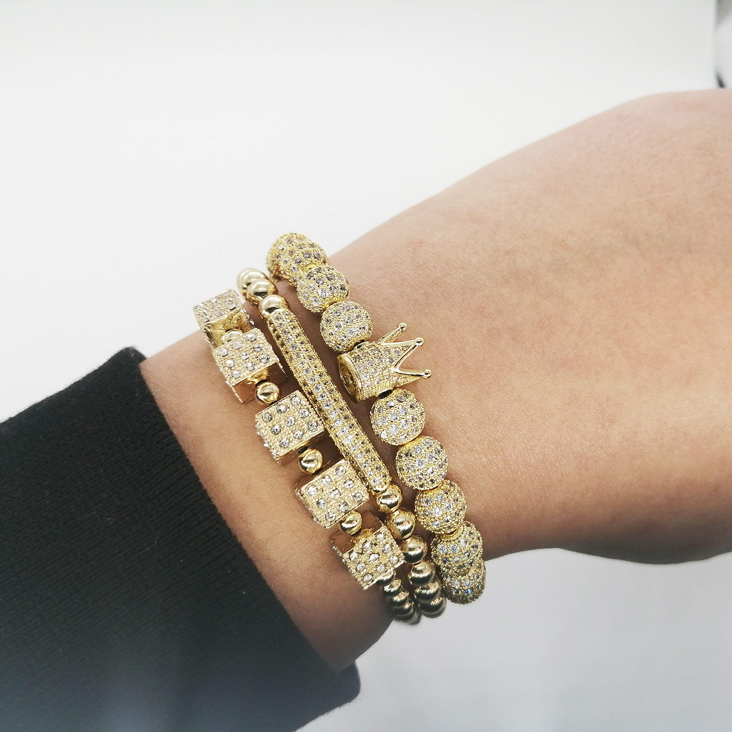 Imperial Crown King 18K Gold CZ Beads Bracelet Luxury Charm Fashion Bangle for Men Women