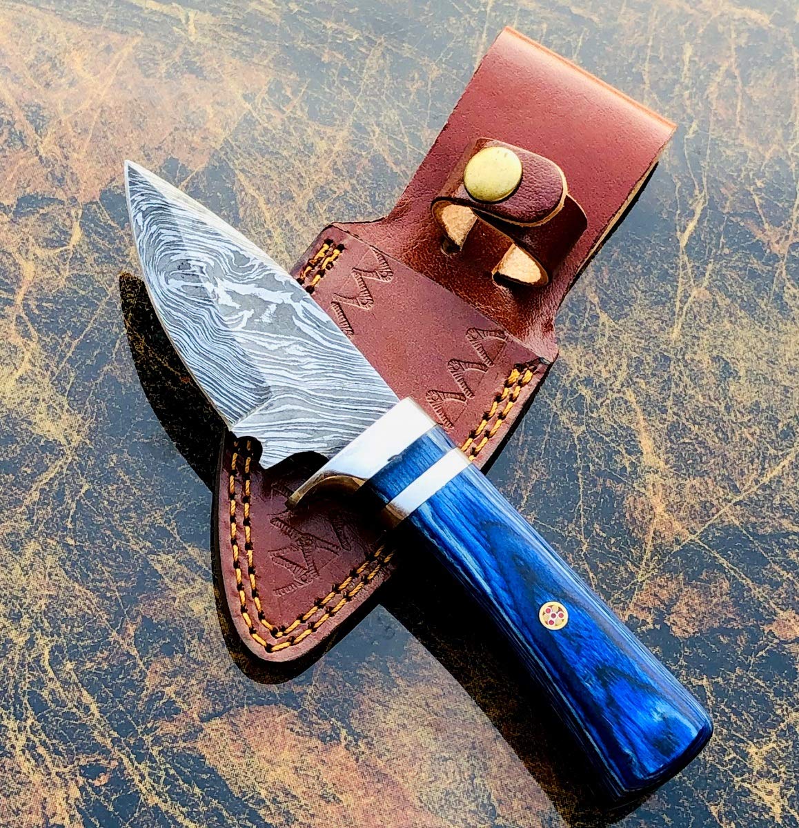 JNR Traders VK3512 Handmade Damascus Steel Hunting Skinner Knife Camel Bone & Pakka Wood Handle with Leather Sheath