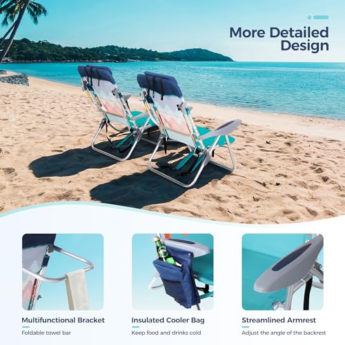 LET'S CAMP Backpack Beach Chair Set of 2, 4-Position Classic Lay Flat, Pillow and Padded Shoulder Straps, Storage Pouch and Towel Bar, Support 250LBS, Wave