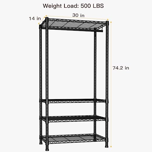 Ulif H2 Heavy Duty Clothes Rack, Freestanding 4 Tiers Garment Rack for Hanging Clothes with Shelves and Hangers, Closet Organizers and Storage Metal Closet Wardrobe System, Max Load 500 LBS, Black