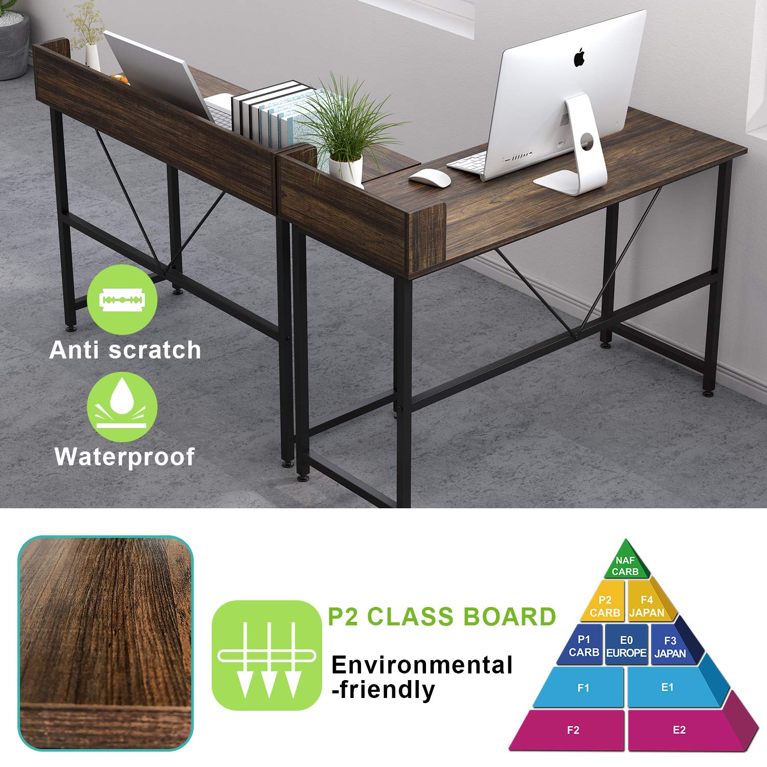 K-Musculo Umekesa L Shaped Desk Reversible Corner Computer Desk or 2 Person Table for Home Office Large Gaming Writing Workstation with Hutch, Space Saving, Rustic Walnut