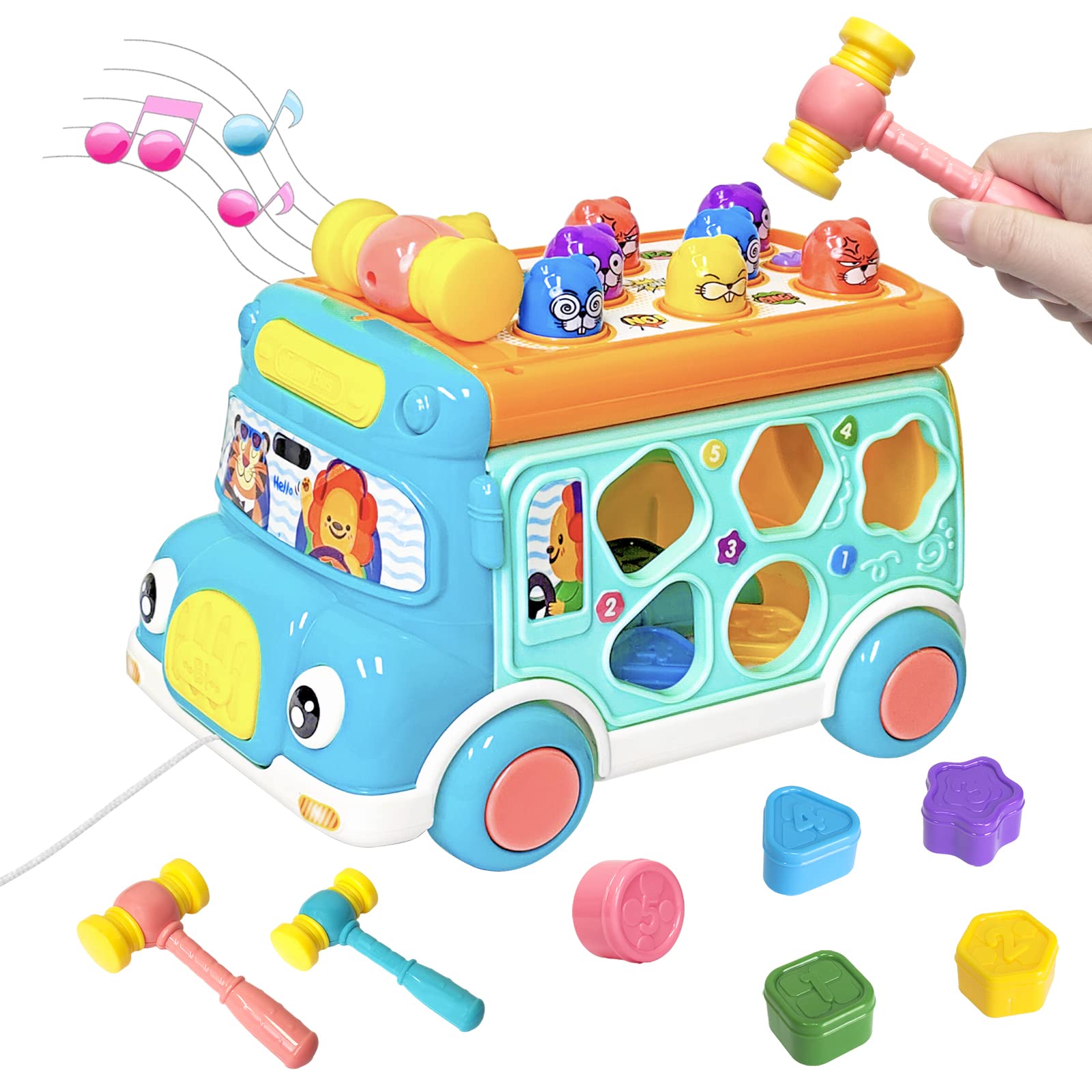 MICKYU Baby Musical Bus Toys Whack a Mole Game Shape Sorter Early Development Toy for Toddlers Boys