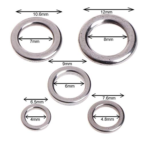 kaaka 50Pcs Fishing Solid Stainless Steel Snap Split O-Ring Inner Diameter 4/4.8/6/7/8mm Lure Fishing Tackle Connected Accessory M