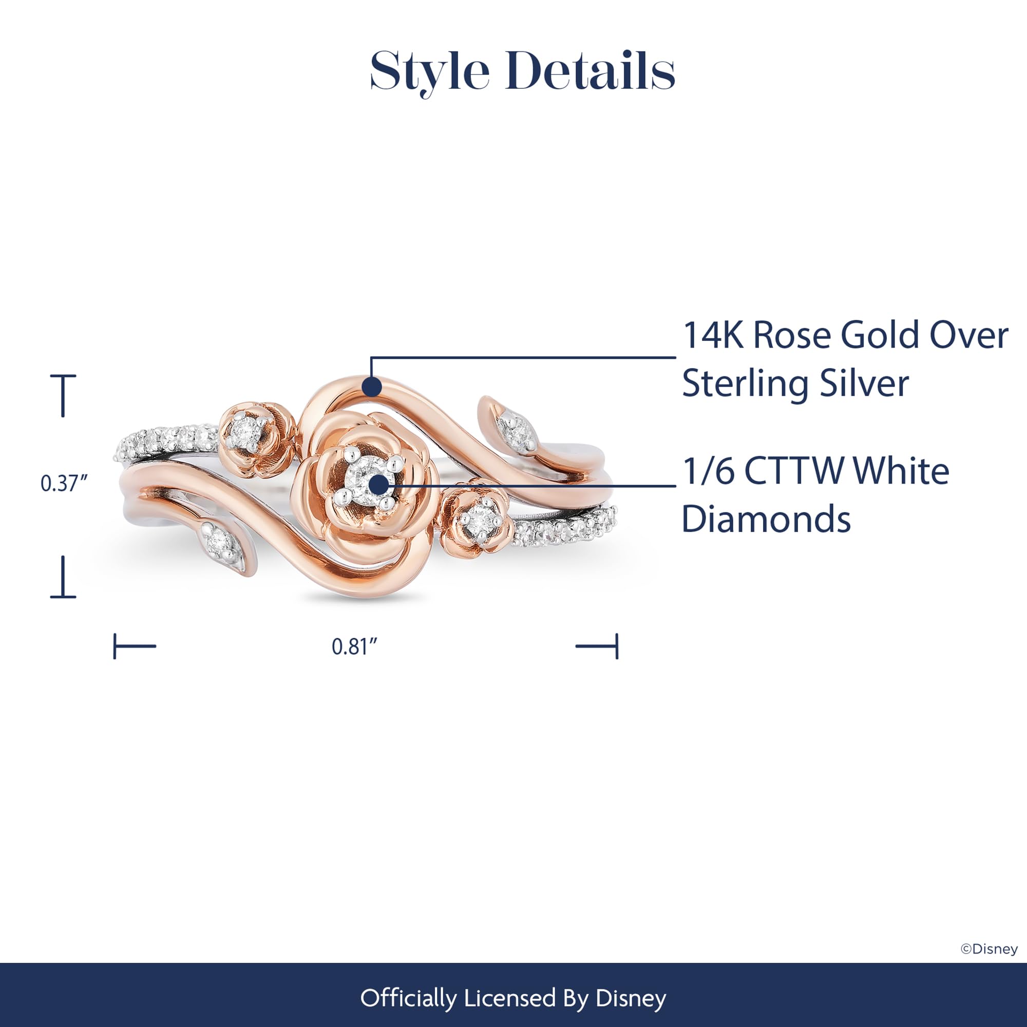 Jewelili Enchanted Disney Fine Jewelry Belle Rose Diamond Ring 1/6 CTTW in 14K Rose Gold over Sterling Silver, Size 9