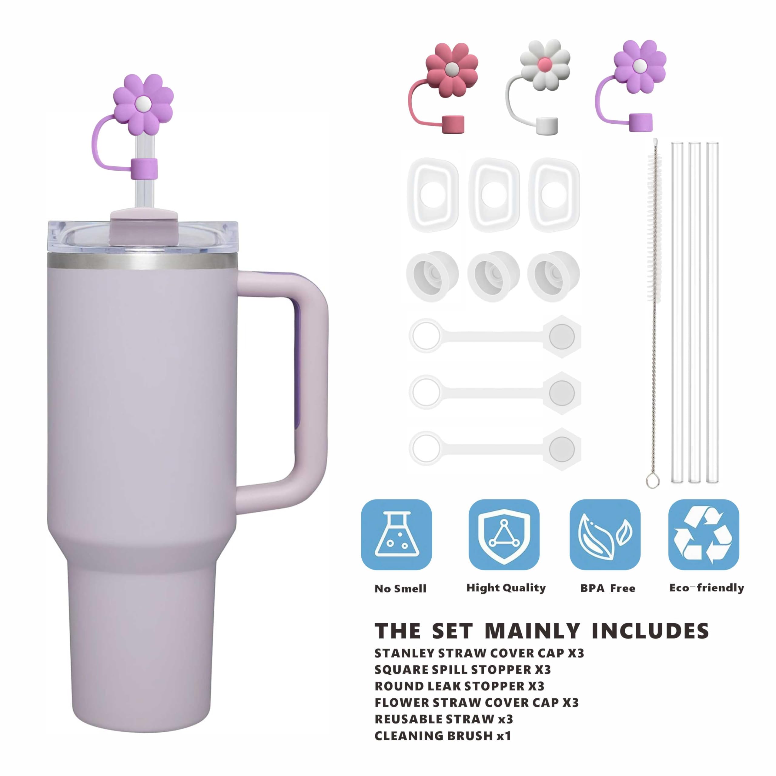HuLiPaLi Stanley Cup Accessories Set Including 9 Pcs Silicone Spill Proof Stopper,3 Pcs Cute Straw Cover Cap for 9-10 mm Straws, 3Pcs Reusable Straw and 1 Cleaning Brush for Stanley Cup 40oz & 30oz