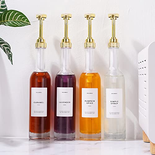 MoliMoli Coffee Syrup Dispenser for Coffee Bar, 350mlCoffee Pump Dispenser, Glass Syrup Bottle w. Pumps, Simple Syrup Dispenser w. Labels,Set of 2, (Gold)