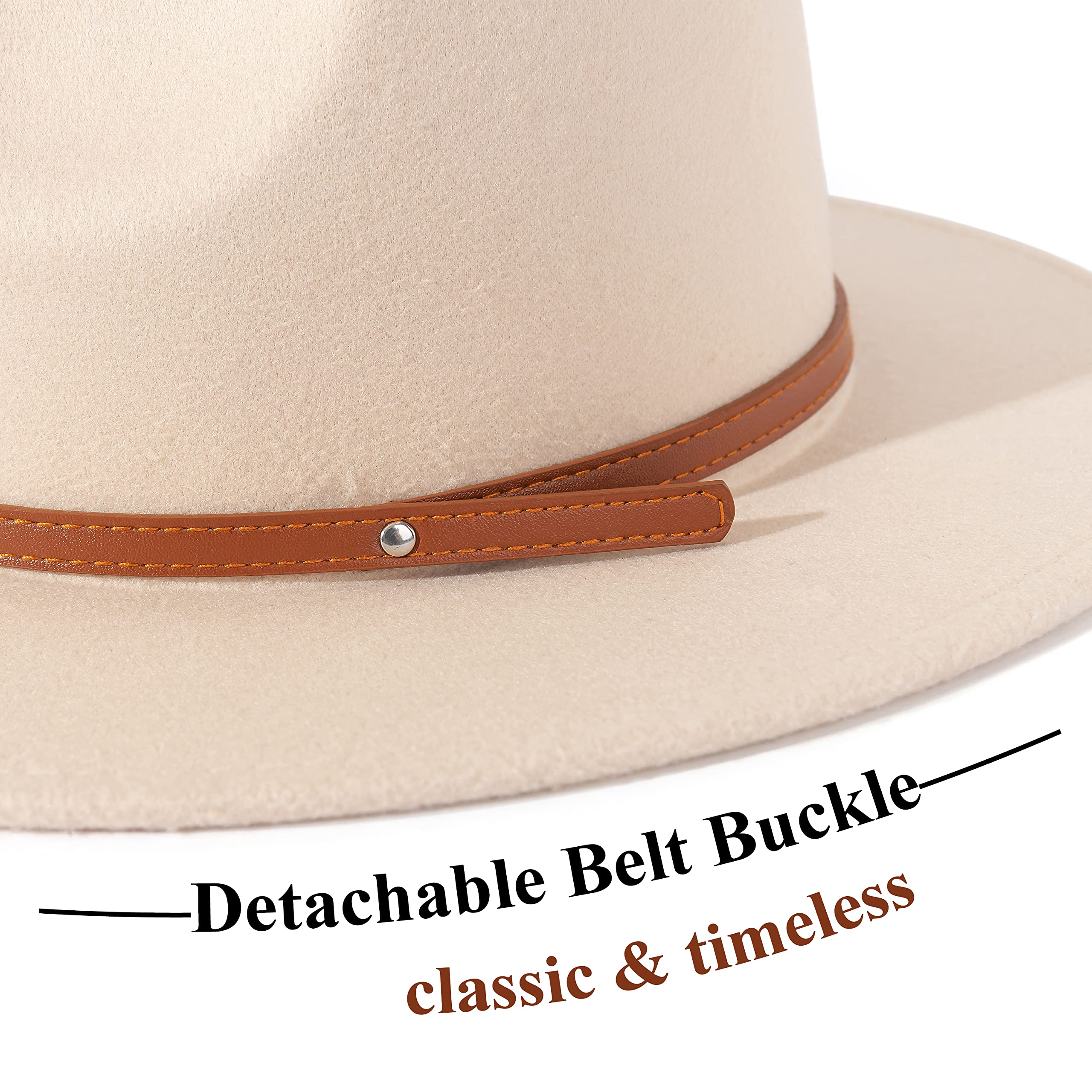 Lisianthus Womens Wide Brim Fedora Hat Felt Jazz Cap with Belt Buckle Decor Brown Belt-Creamy M