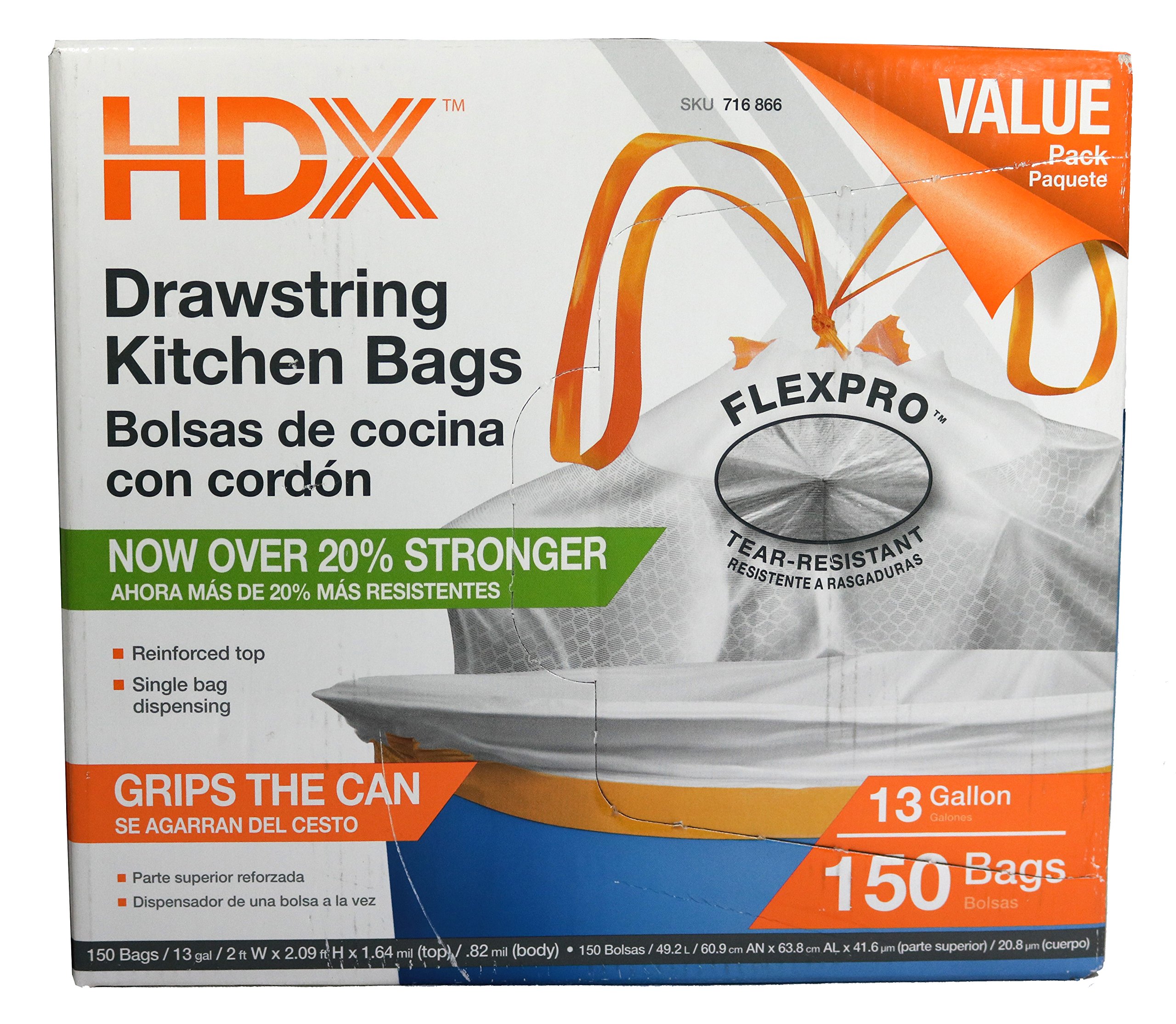HDX 716866 13-Gallon Drawstring .9 Mil Tear Resistant Expandable Kitchen Trash Bag w/ Dispensing Container (150 Count) [Packaging May Vary]