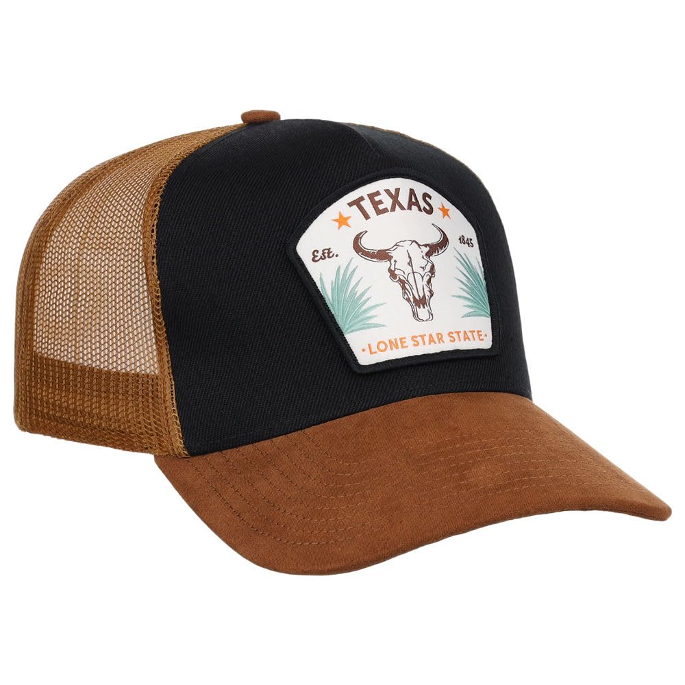 Local Crowns Texas Leather State Patch Curved Trucker Flag Adjustable Black and White Snapback Cap
