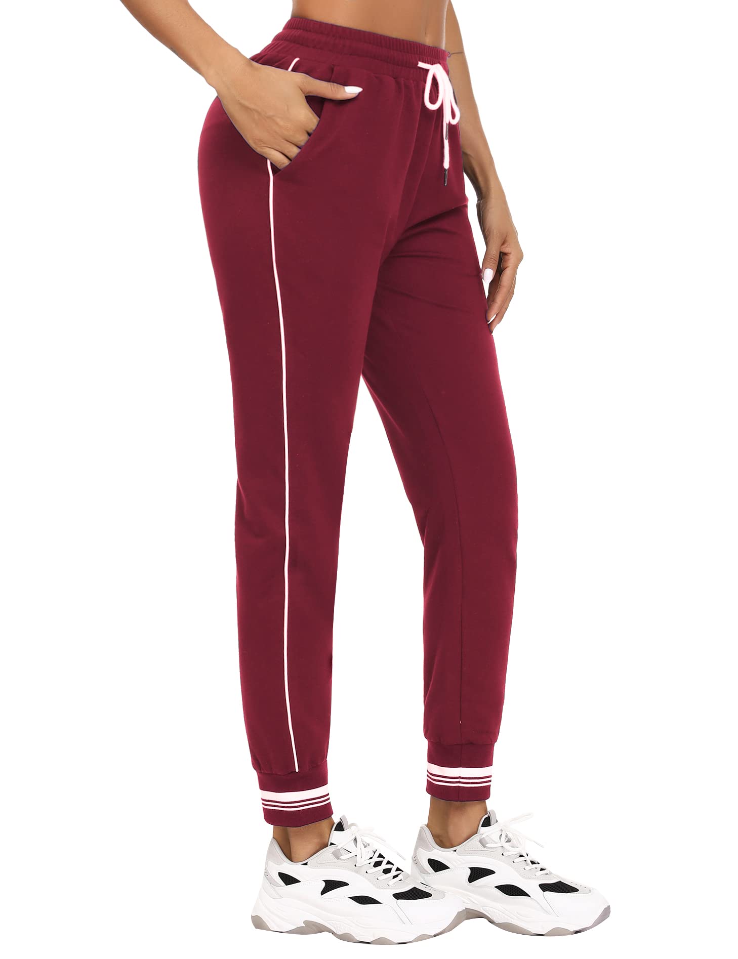 Letnewf Women Workout Sweatpants Lightweight Cotton Comfy Striped Running Joggers Lounge Pants with Pockets Red