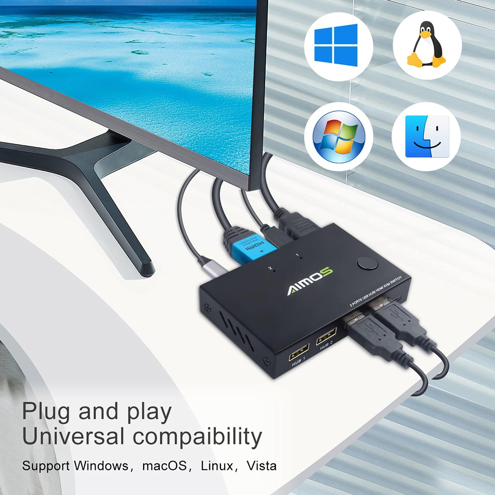 KVM Switch HDMI 2 Port 4K@30Hz,AIMAISHI HDMI and USB Switch with 4 USB 2.0 Ports for 2 Computer Share Keyboard Mouse and 1 Monitor, with 2 HDMI Cable and 2 USB Cable