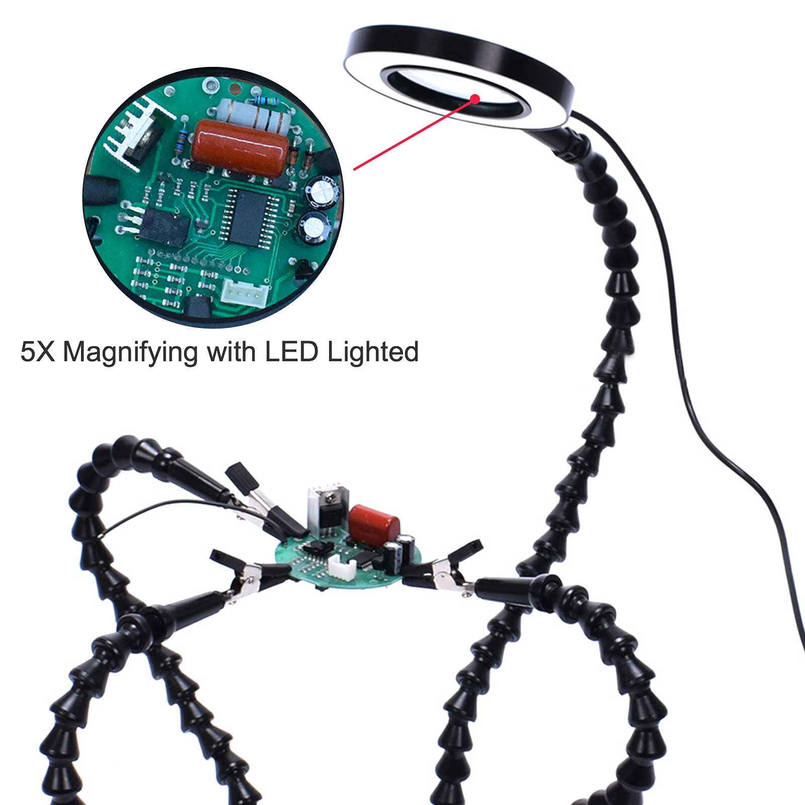 Helping Hands Soldering, Third Hand Soldering PCB Holder Tool, 4 Arms Helping Hands, 5X Magnifying with LED Lighted Magnifying, Non-slip Aluminum Base for Electronics Repair Assembly Modeling Woodwork