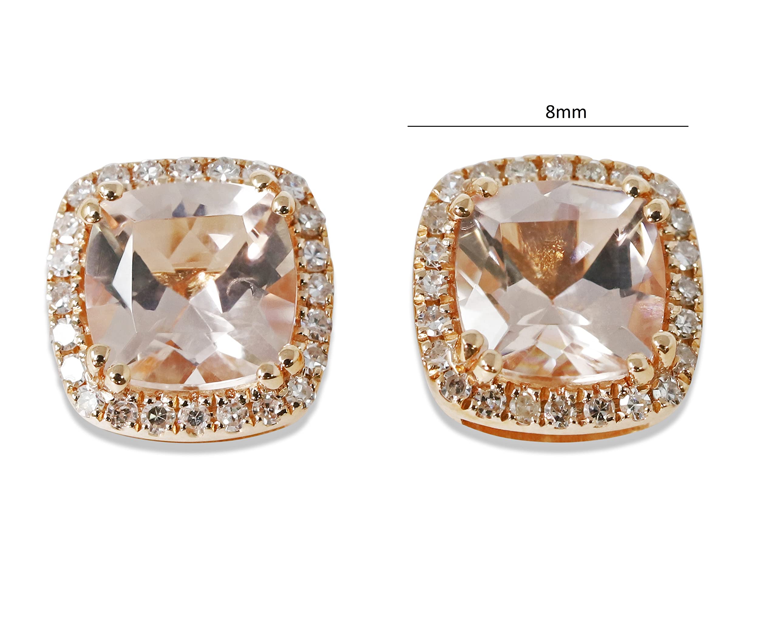 KOKAV 14K Rose Gold 6mm Cushion Genuine Morganite with Diamond Halo Studs Earrings