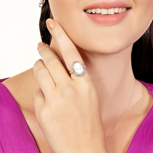 Jewelili Pink Cameo Ring in Sterling Silver with Round Created White Sapphire, Size 8