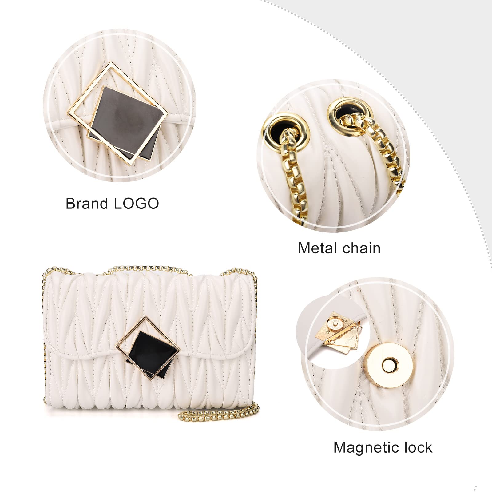 LAVTUG Small Quilted Crossbody Bags for Women Shoulder Purse Wallet with Chain Strap Stylish Clutch multiple pockets White